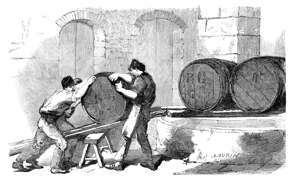 Workers Moving Oil Barrels – Old Book Illustrations
